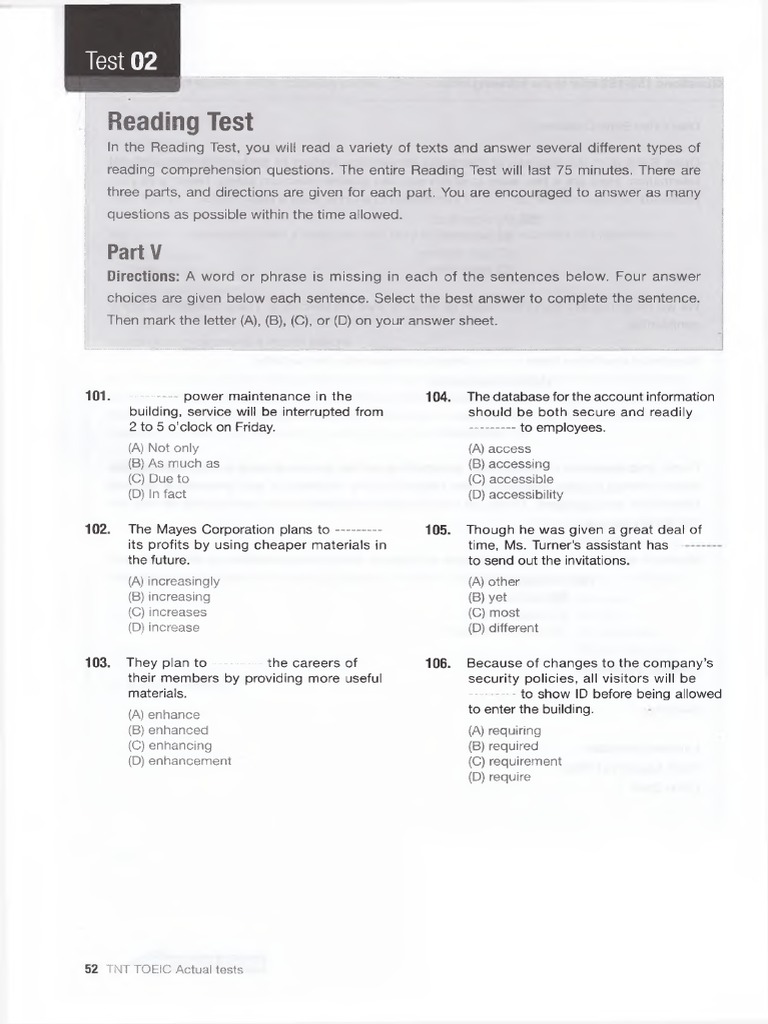 TNT Toeic - Reading Comprehension Test 2 Part V, VI | PDF | Reading ...