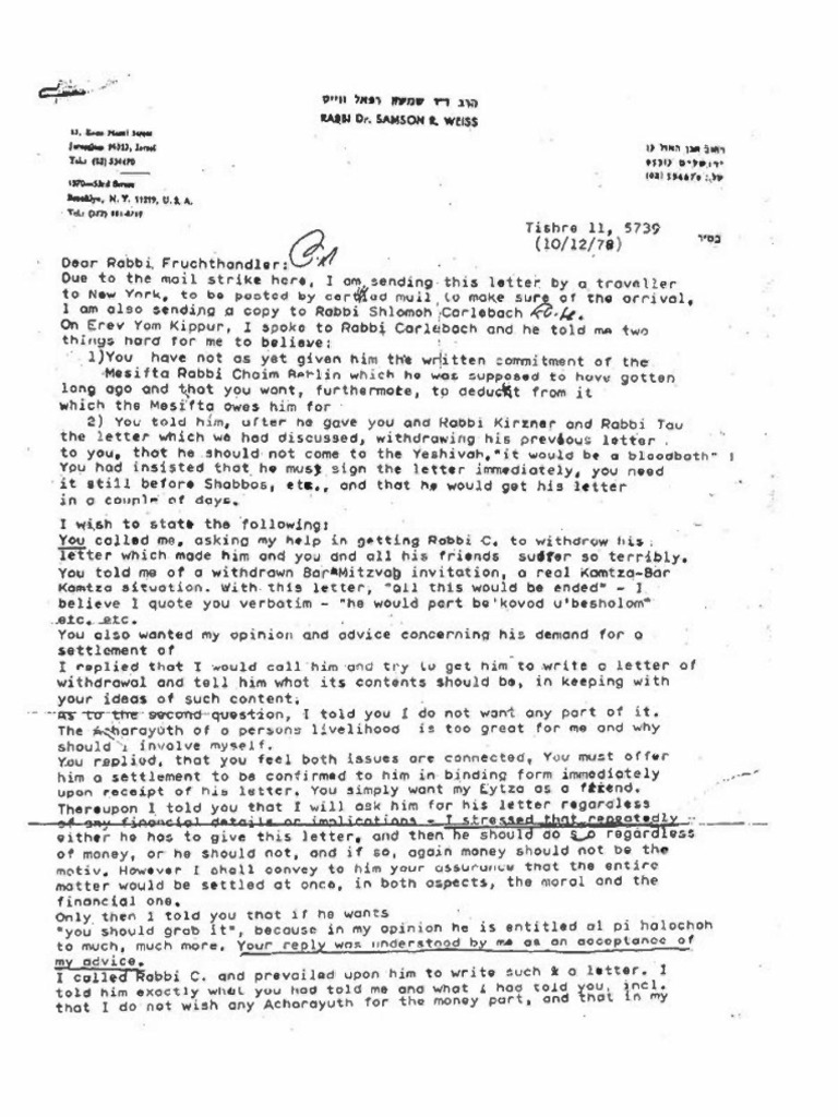 R Shlomo Carelbach & CB R Weiss Lettter 4 CRC Hazmonos | PDF