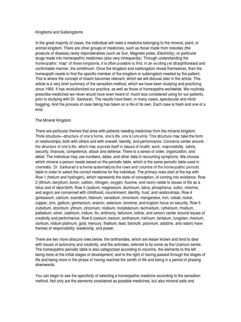 Homeopathy: Kingdoms & Sensations | PDF | Periodic Table | Homeopathy