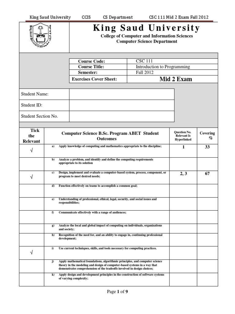 csc111 - mt2 - 2012-2013 - Fall - Sol | PDF | Computer Science | Design