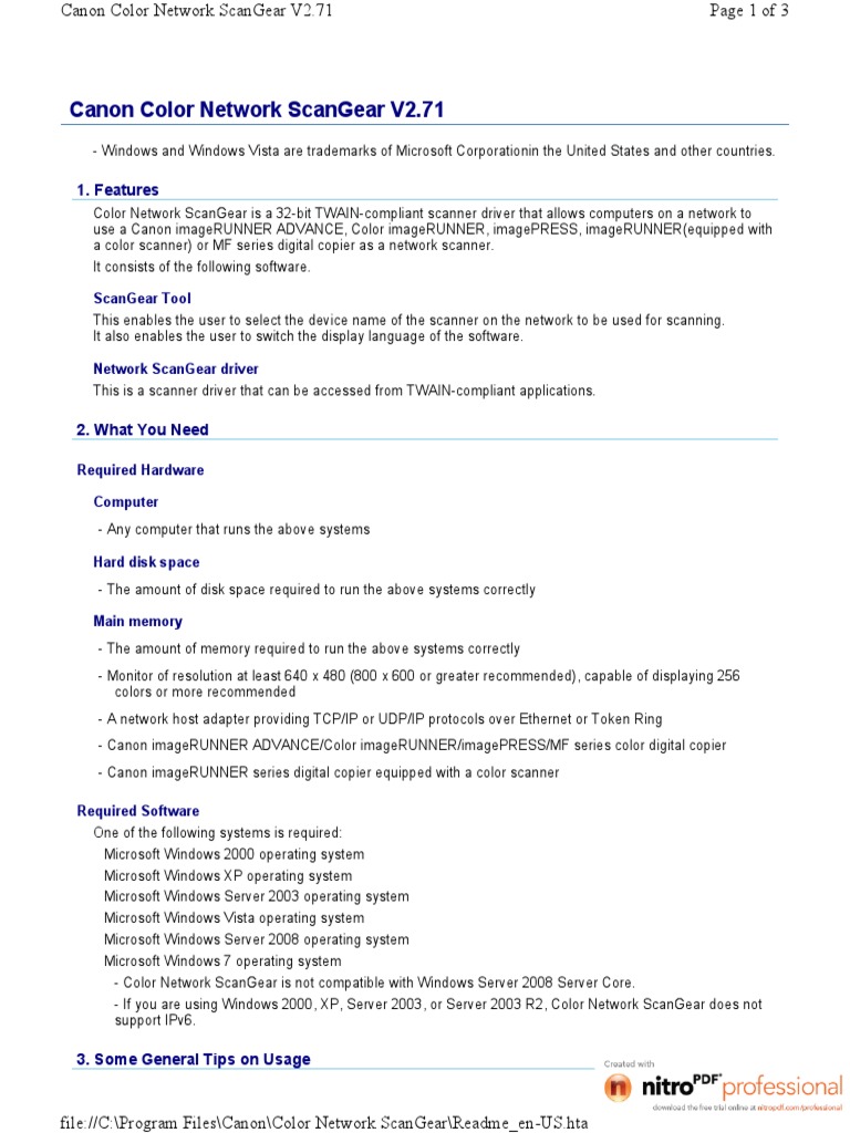 Canon Color Network Scangear V2.71: 1. Features | PDF | Image Scanner ...