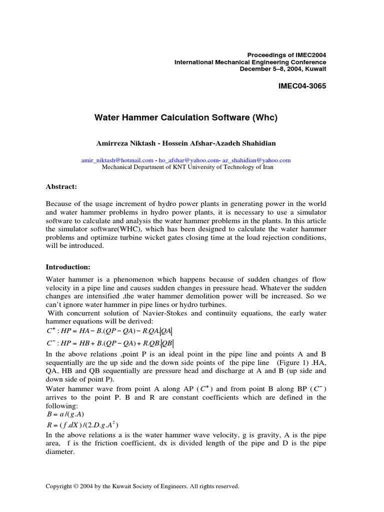 Water Hammer Calculation Software (WHC) : IMEC04-3065 | PDF | Turbine ...
