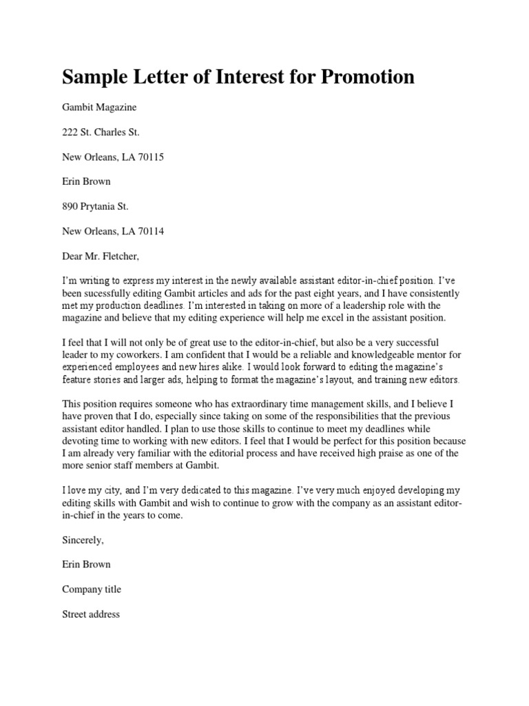 Sample Letter of Interest For Promotion | PDF | Editing | Communication