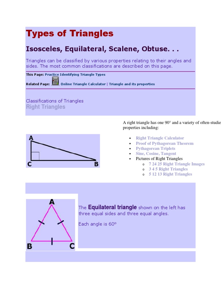 Types of Triangles: Isosceles, Equilateral, Scalene, Obtuse. . | PDF ...