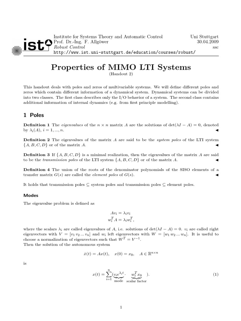 Properties of MIMO LTI Systems | PDF | Eigenvalues And Eigenvectors | Functions And Mappings