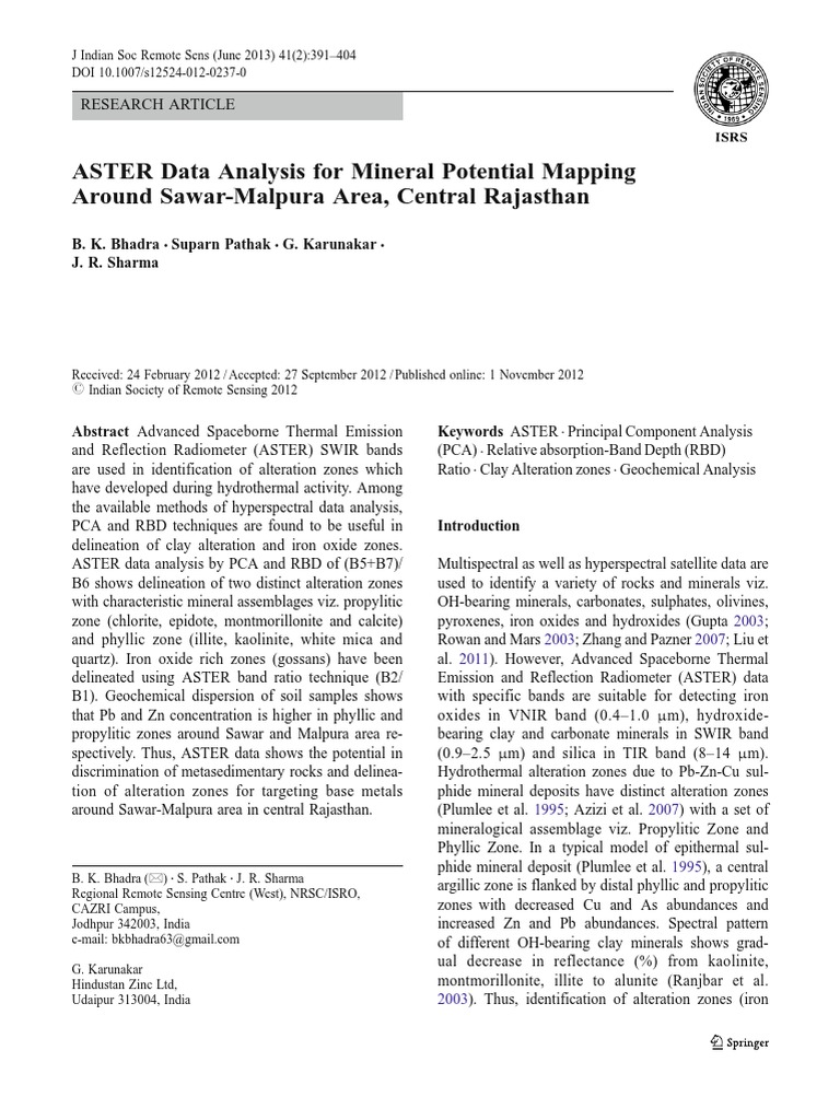 ASTER Data Analysis For Mineral Potential Mapping Around Sawar-Malpura Area, Central Rajasthan ...