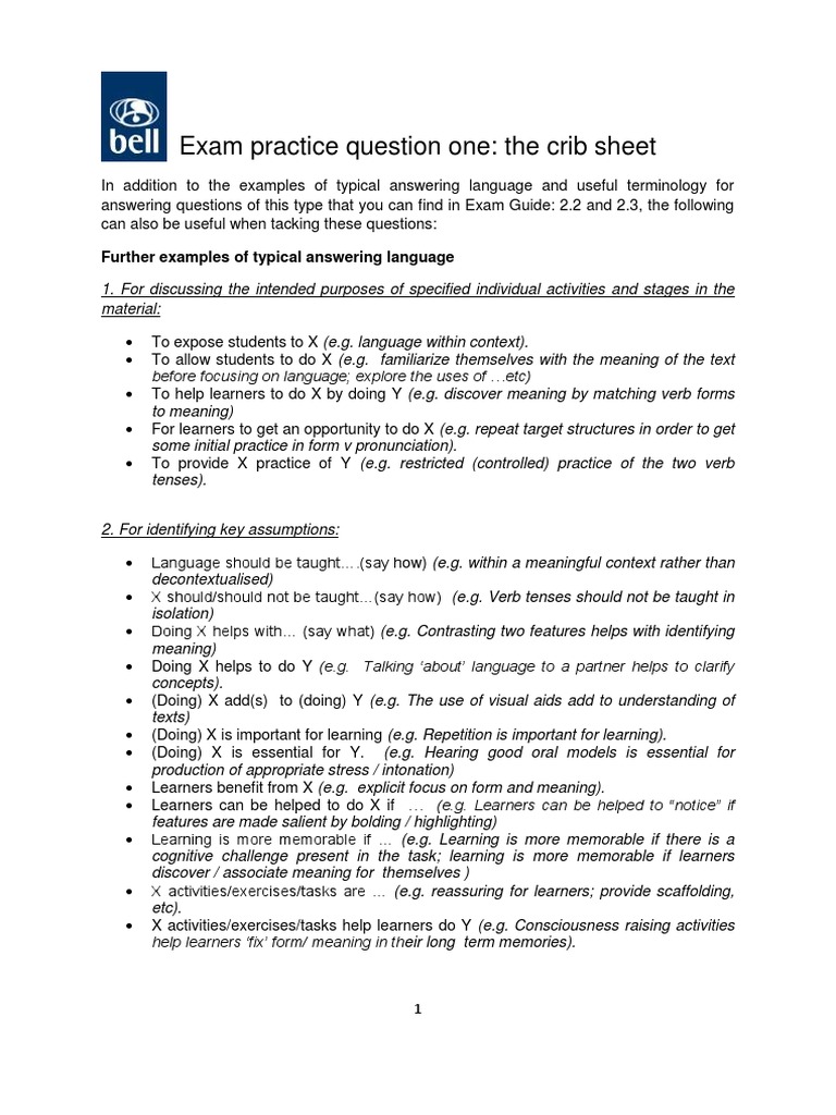 Exam Practice Question One: The Crib Sheet: Further Examples of Typical ...