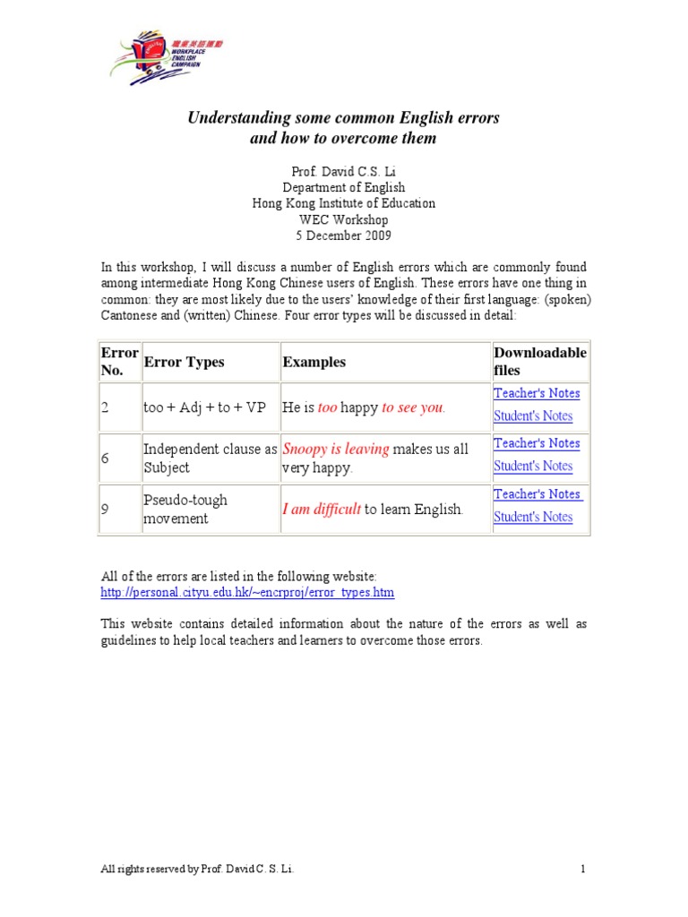 Understanding Some Common English Errors and How To Overcome Them | PDF ...