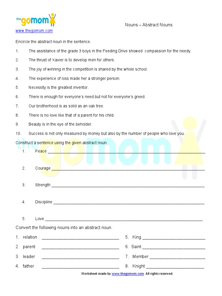 Abstract Nouns Worksheet for Students | PDF