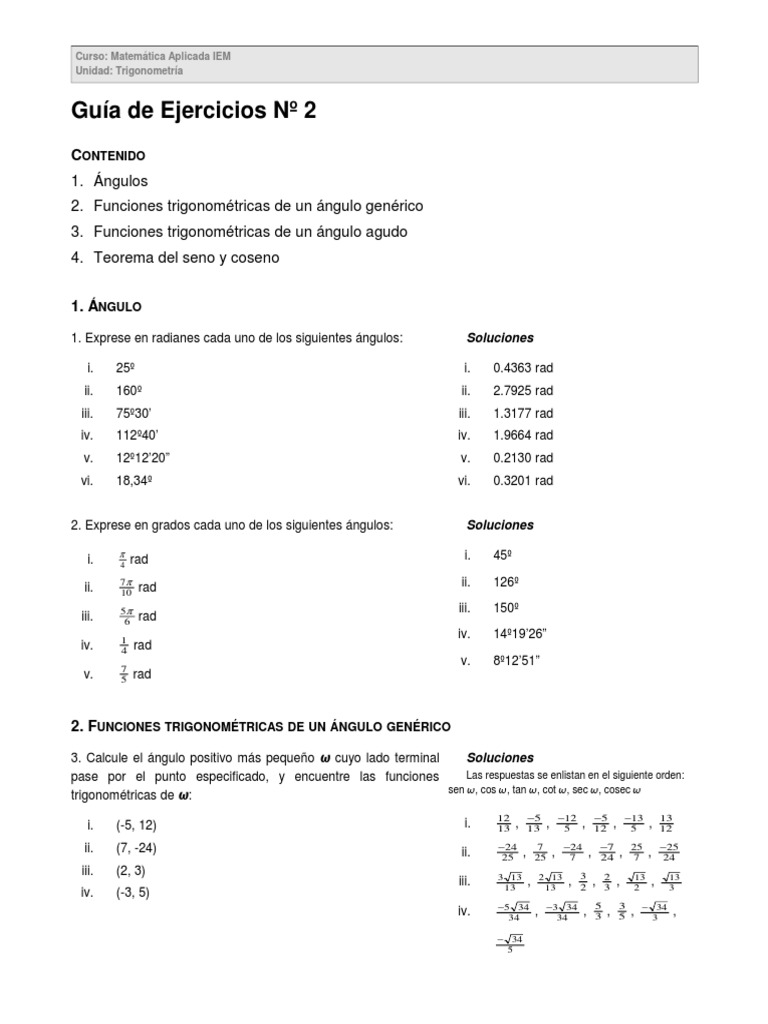 Guía de Ejercicios (Trigonometría) | PDF | Funciones trigonométricas ...