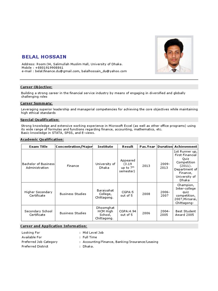 Belal Hossain CV | PDF | Secondary School | Dhaka