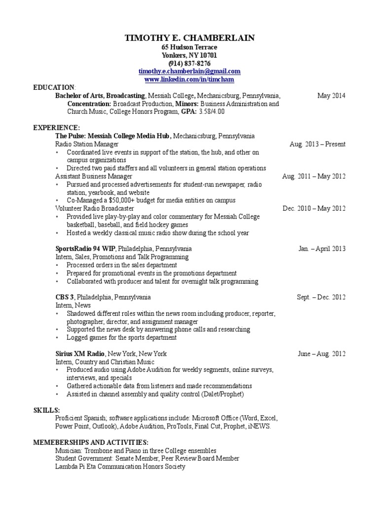 Tim Chamberlain Resume Fall 2013 | PDF