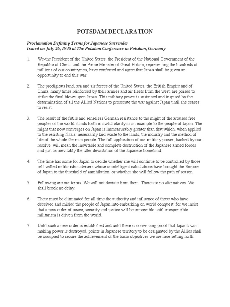 Potsdam Declaration | PDF | Empire Of Japan | Warfare
