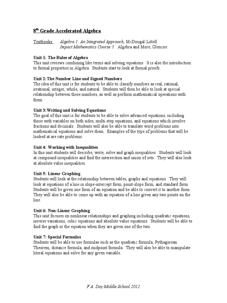 8th Grade Accelerated Algebra Outline 2012 | PDF | Equations ...