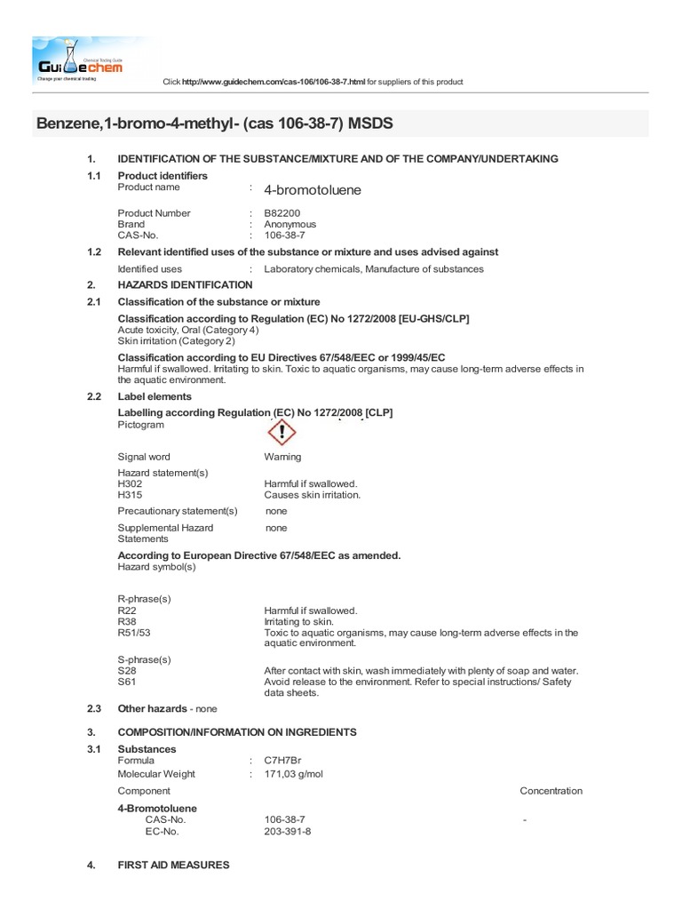 Benzene, 1 Bromo 4 Methyl (Cas 106-38-7) MSDS | PDF | Dangerous Goods ...