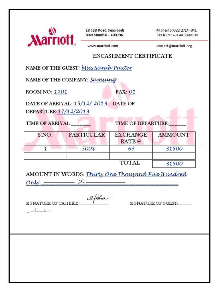 Encashment Certificate, Hospitality, Frankfinn | PDF