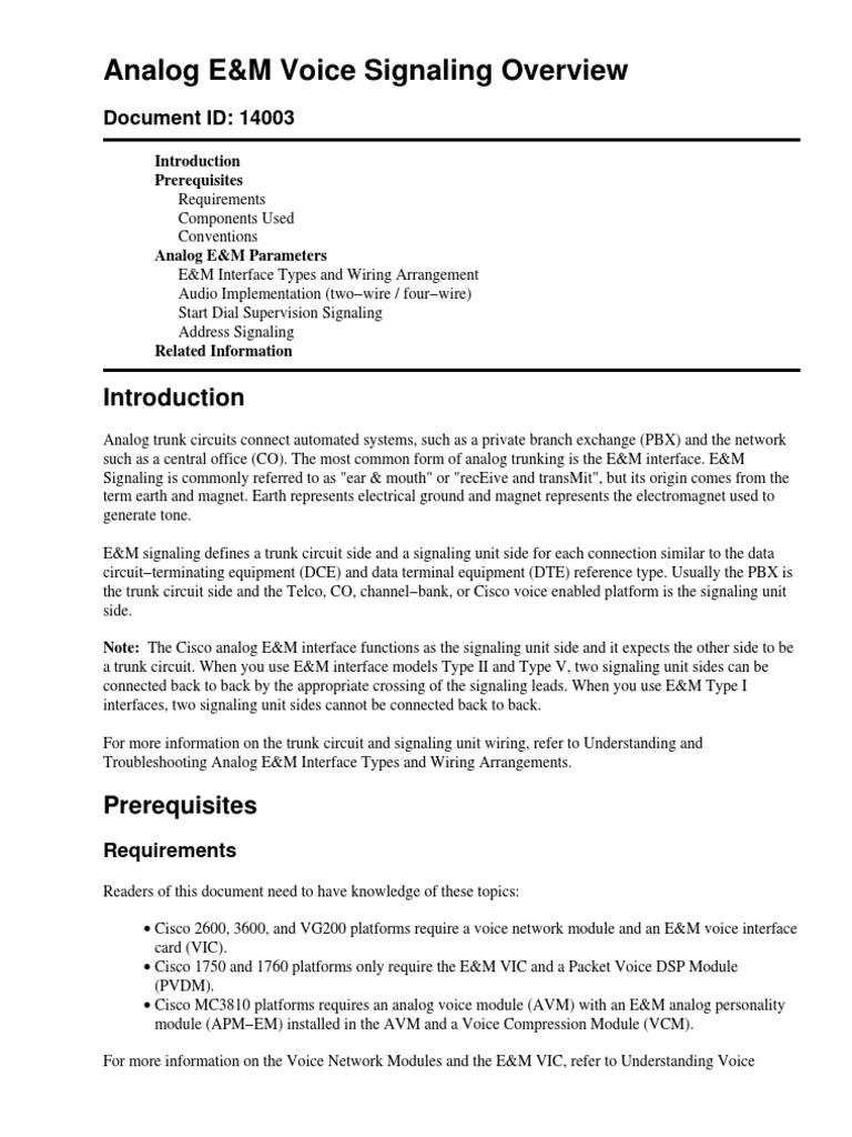 Analog E&M Voice Signaling Overview | PDF | Interface (Computing ...