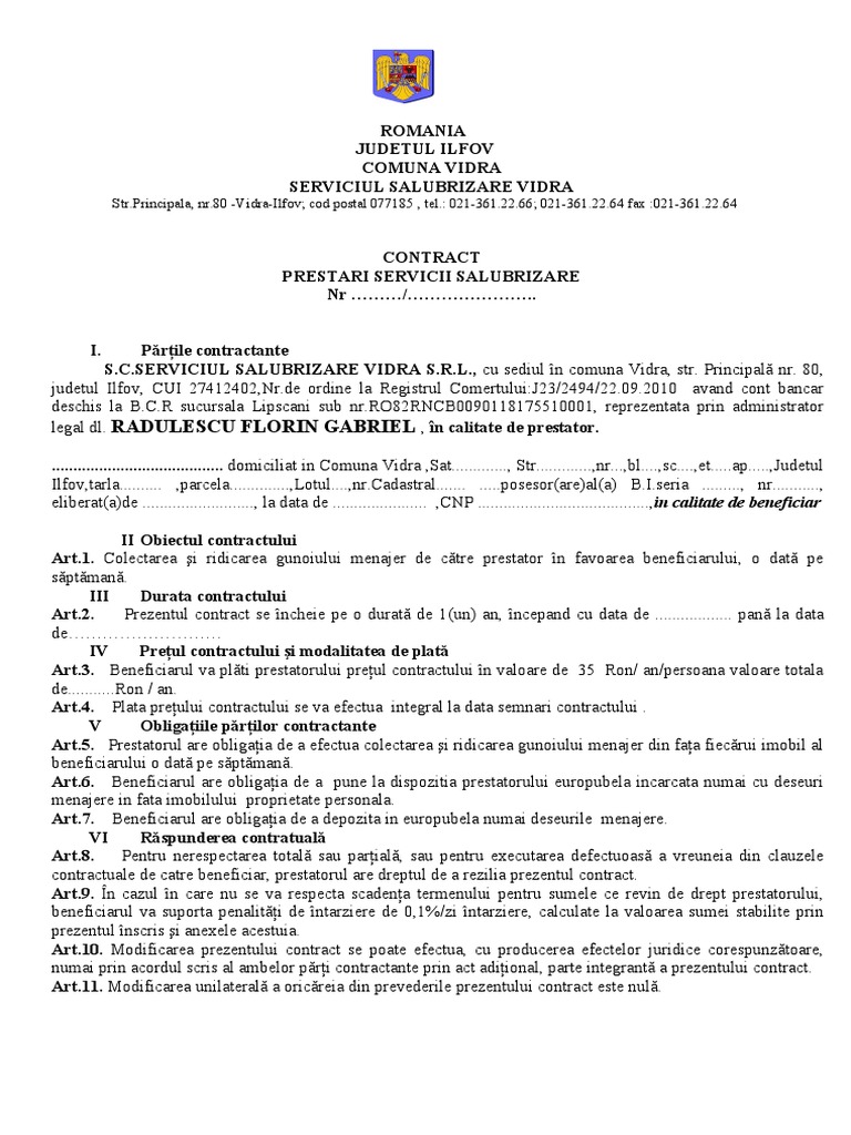 Model Contract Prestari Servicii de Salubrizare | PDF | Finance & Money ...
