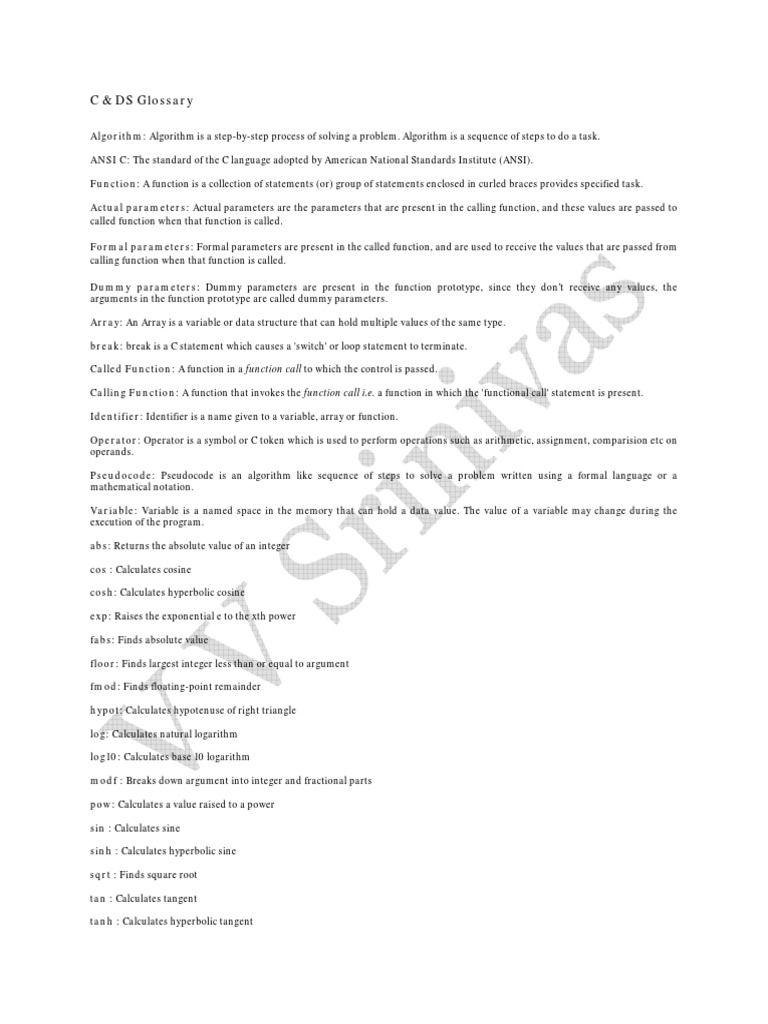 C & DS Glossary: Called Function When That Function Is Called | PDF | Trigonometric Functions ...