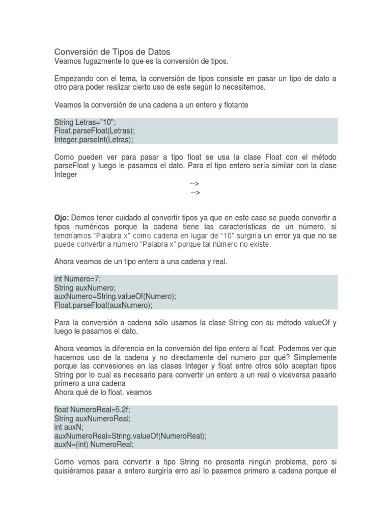 Conversión de Tipos de Datos | PDF | Tipo de datos | Java (lenguaje de ...