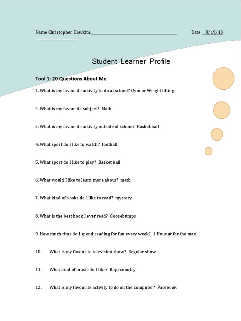 Student Learner Profile | PDF | Classroom | Reading (Process)