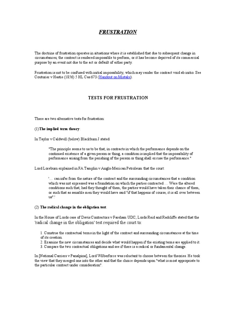 Frustration (Notes and Cases) | PDF | Contractual Term | Breach Of Contract