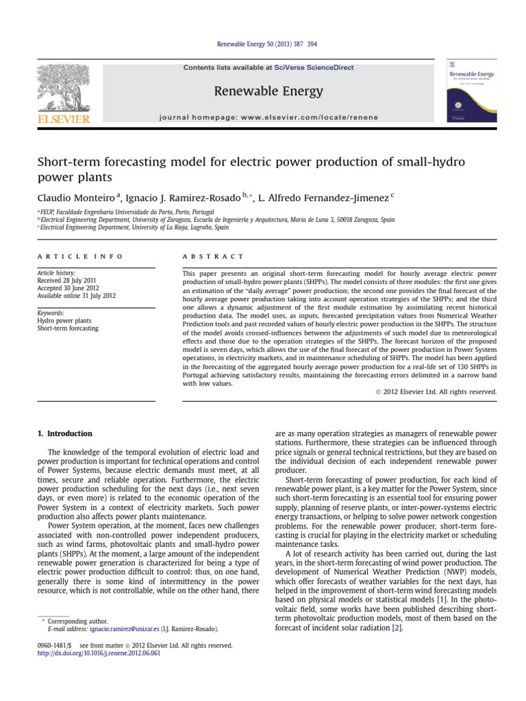 Short Term Forecasting Model For Electric Power Production Of Small