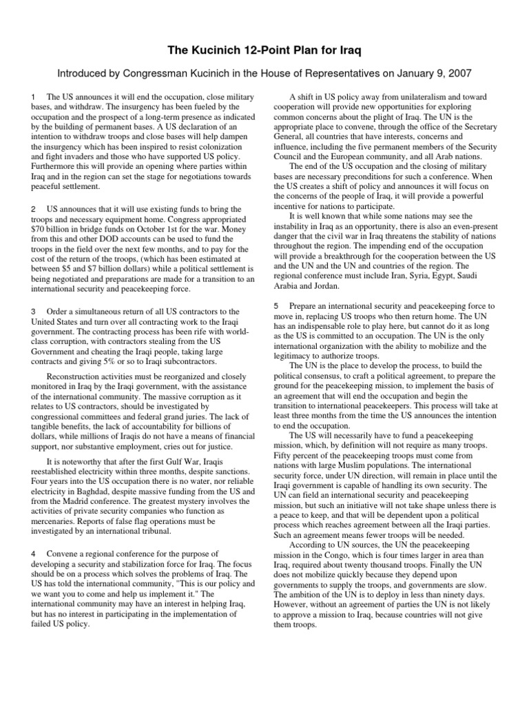 Dennis Kucinich 2008 - 12 Point Plan For Iraq | PDF | Iraq | Peacekeeping