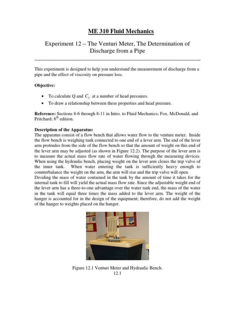 Experiment 12 - The Venturi Meter, The Determination of Discharge From ...