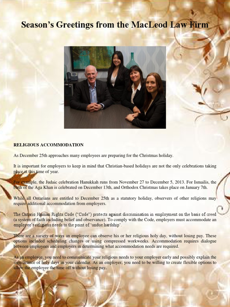 Season'S Greetings From The Macleod Law Firm: Religious Accommodation ...