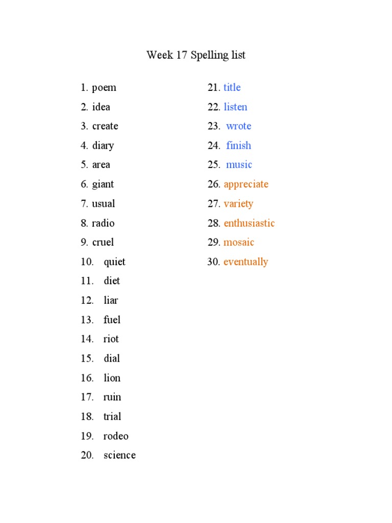 Week 17 Spelling List | PDF