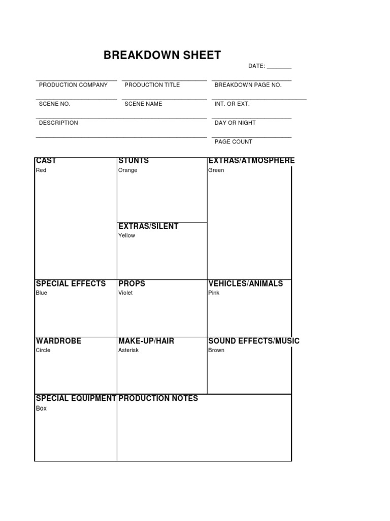 Breakdown Sheet: Cast Stunts Extras/Atmosphere | PDF