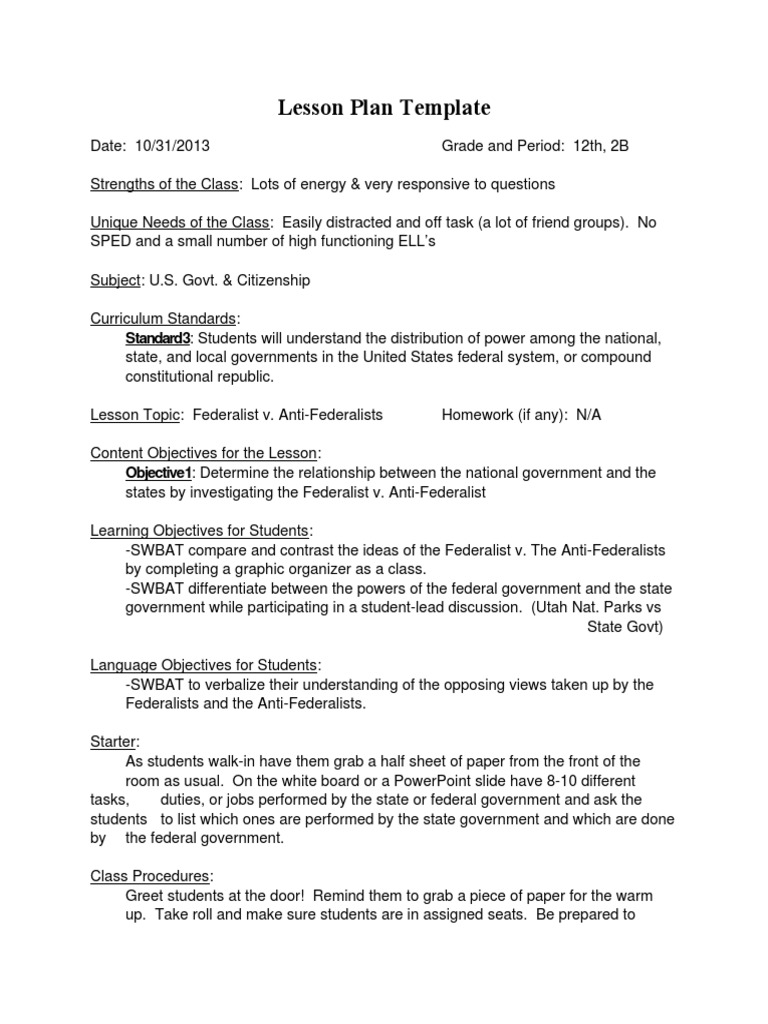 U.S. Government Lesson Plan: Federalists vs. Anti-Federalists | PDF ...
