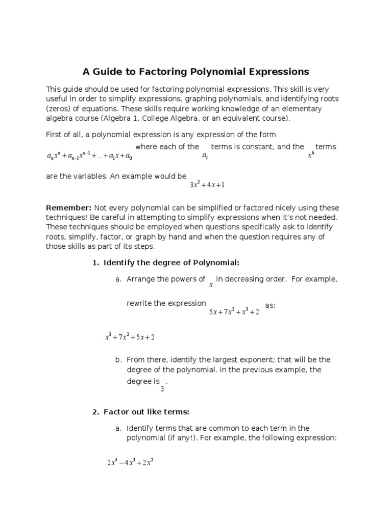 A Guide To Factoring Polynomial Expressions | PDF | Polynomial | Factorization