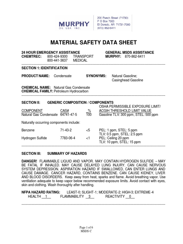 Material Safety Data Sheet: Page 1 of 6 Msds C | PDF