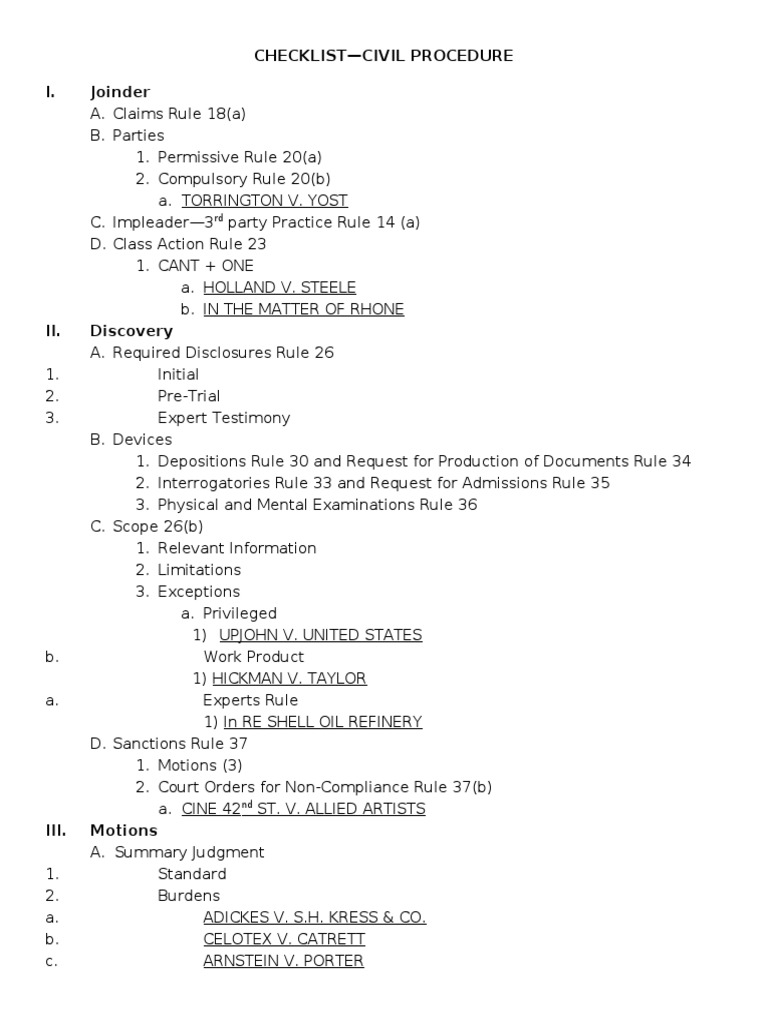 Civ Pro Checklist | PDF | Doctrine | Legal Concepts