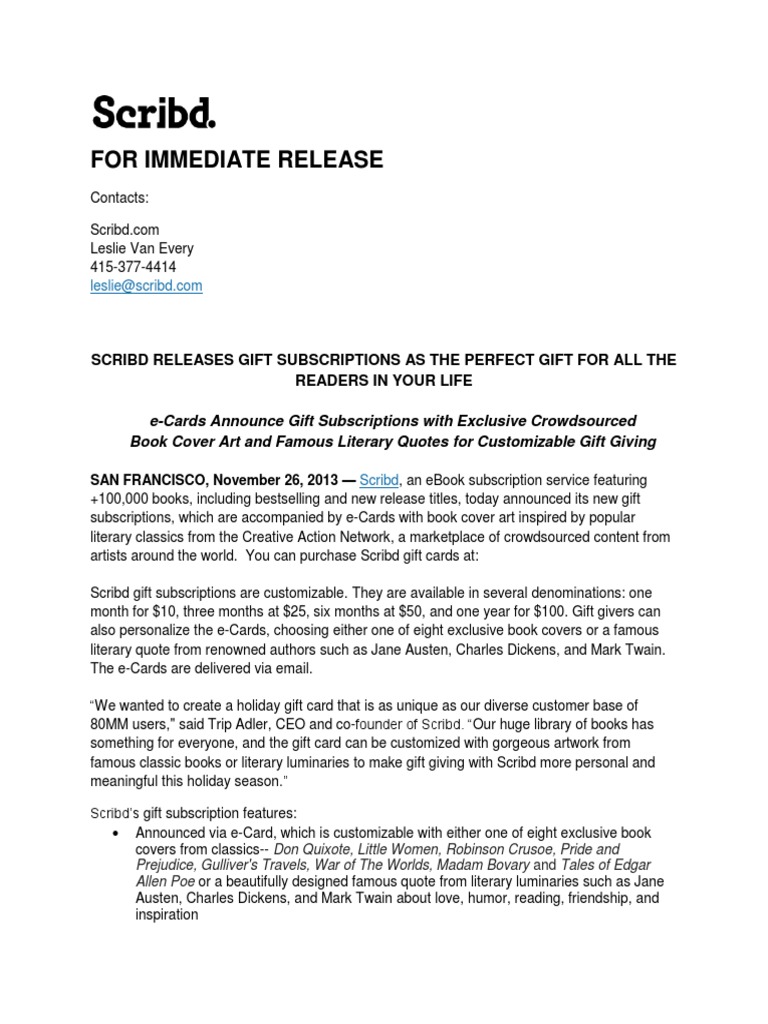 Scribd Launches Custom Gift Subscriptions | PDF | Scribd | Online Services