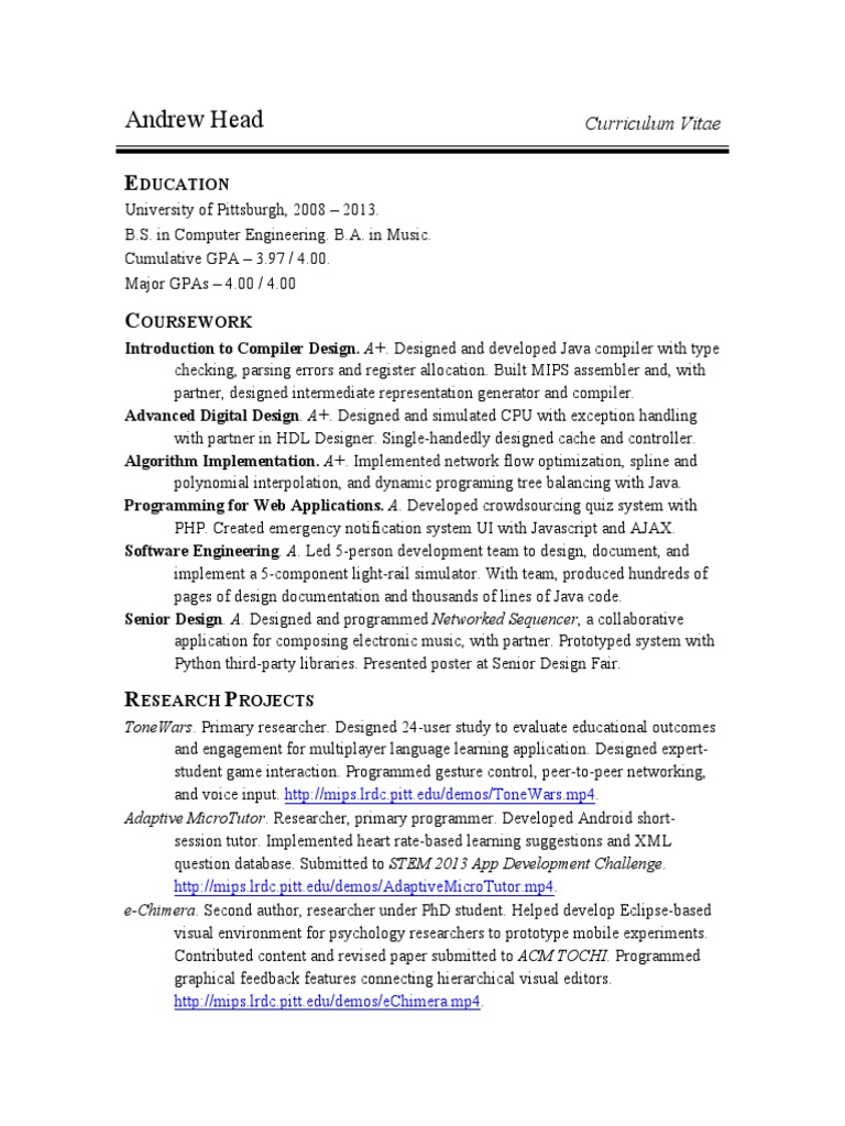 Curriculum Vitae For Andrew Head | PDF | Application Software | Java (Programming Language)