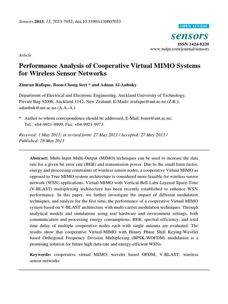 Sensors: Performance Analysis of Cooperative Virtual MIMO Systems For Wireless Sensor Networks ...