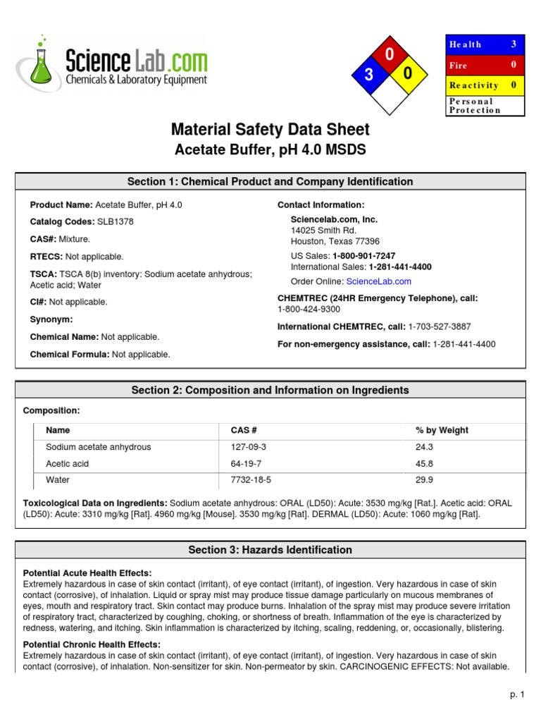 Msds Buffer Asetat | PDF | Toxicity | Acetic Acid