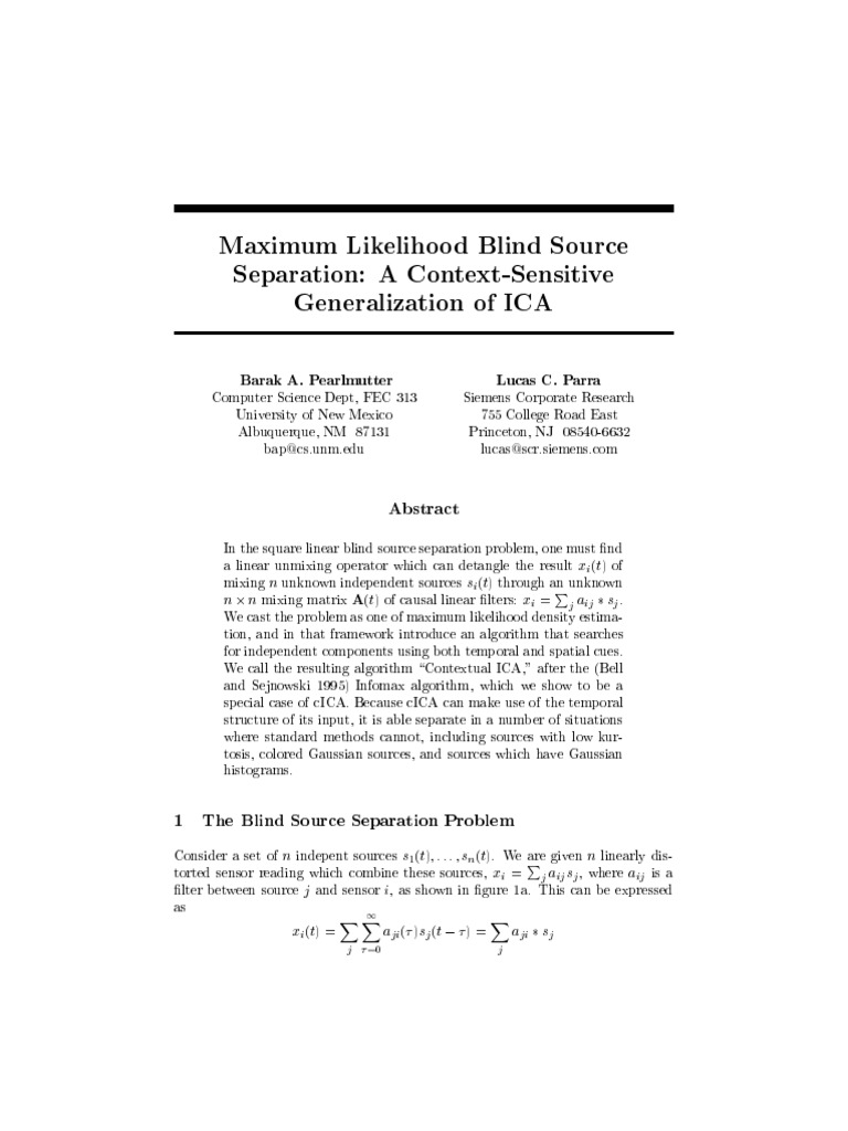 Maximum Likelihood Blind Source Separation: A Context-Sensitive Generalization of ICA | PDF ...