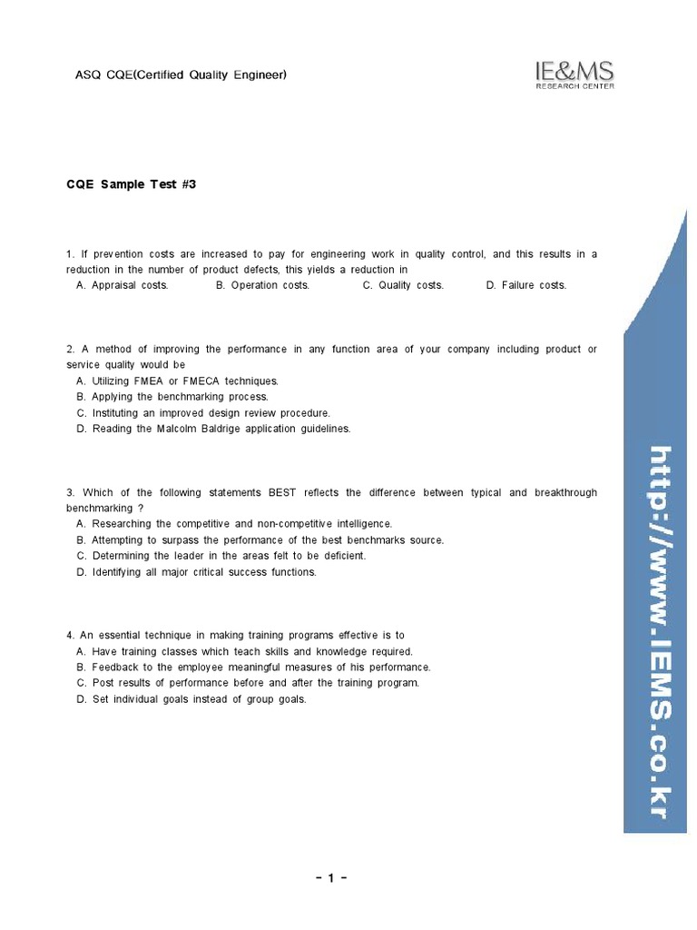 Preparing for Quality Certification: A Sample CQE Exam with Questions ...