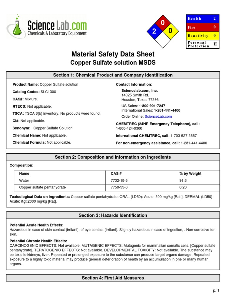 Copper Sulfate Solution MSDS: Section 1: Chemical Product and Company ...