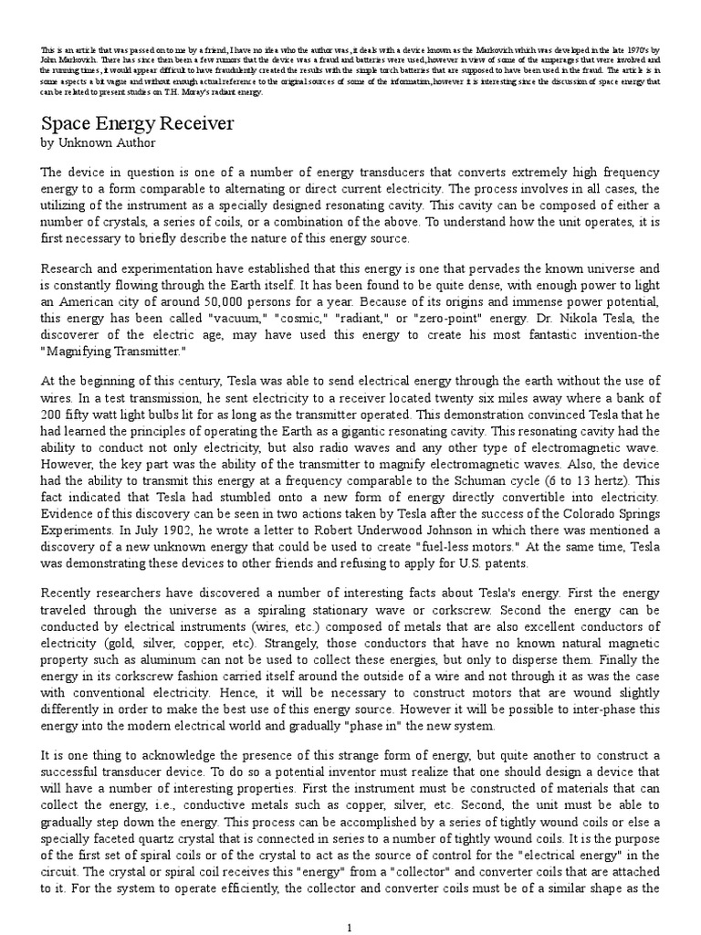 Space Radiant Energy Receiver | PDF | Inductor | Electromagnetic Induction