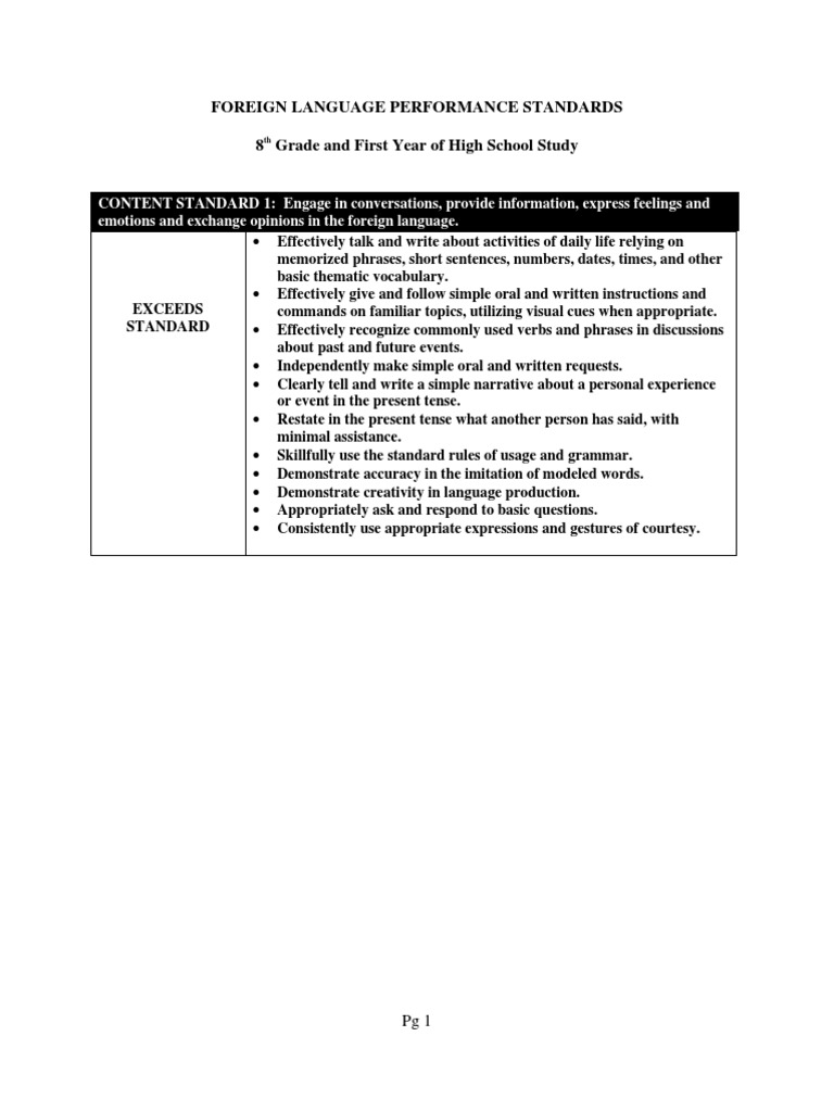 NV Foreign Language Performance Standards | PDF | Reading Comprehension ...