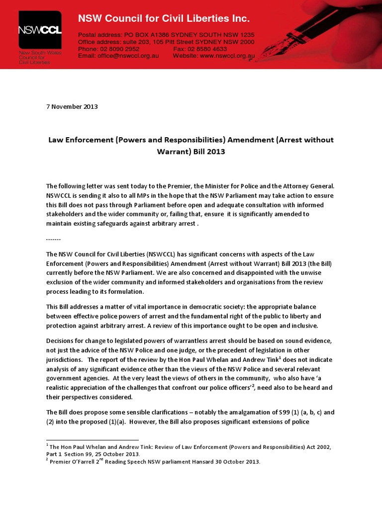 2013 NSWCCL Letter - LEPRA (Arrest Without Warrant) Bill | PDF ...