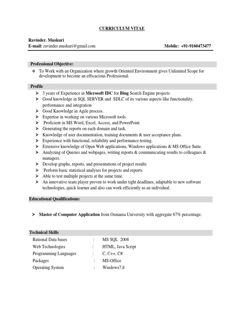 Curriculum Vitae Ravinder. Muskuri Mobile: +91-9160473477 | PDF | Microsoft Sql Server | Web ...