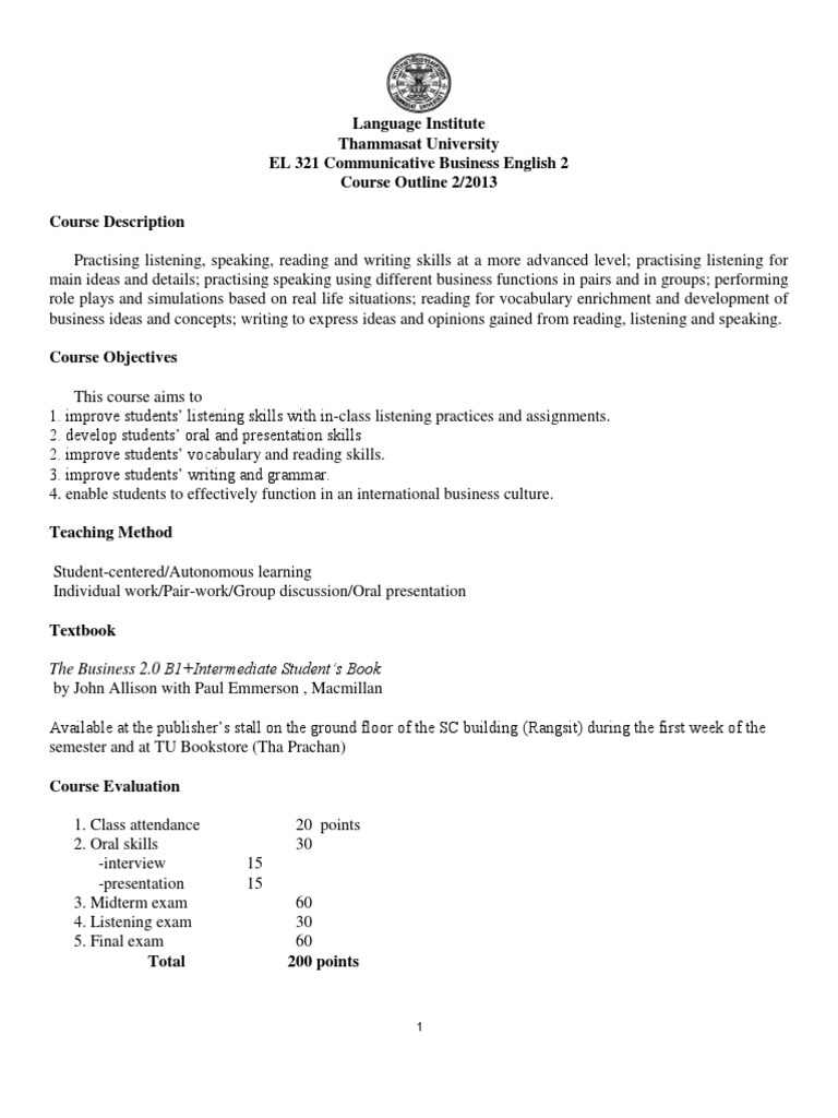 Advanced Business English Course Outline | PDF | Teaching Method | Test ...