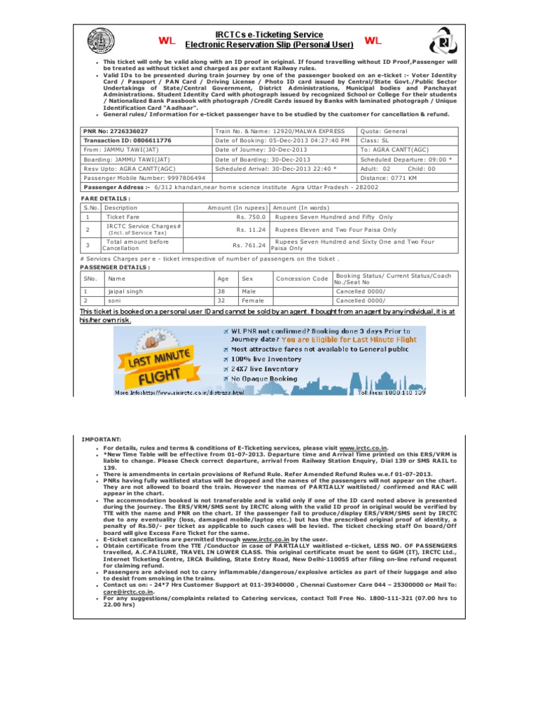 WL WL: Irctcs E-Ticketing Service Electronic Reservation Slip (Personal ...