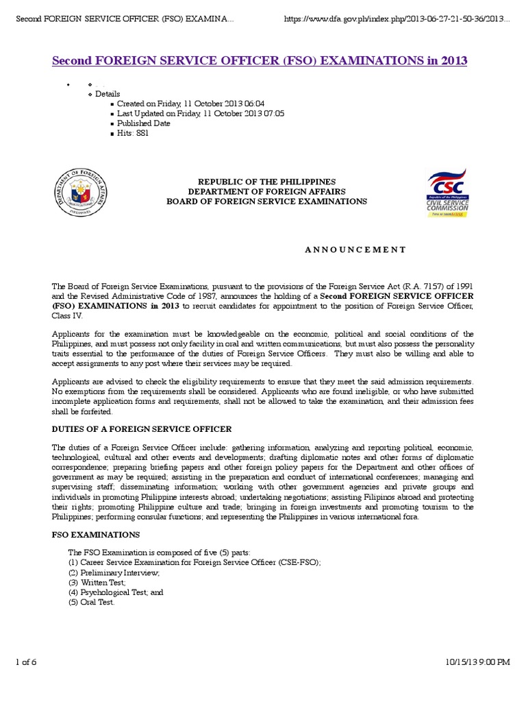 Second Foreign Service Officer (Fso) Examinations in 2013 | PDF ...